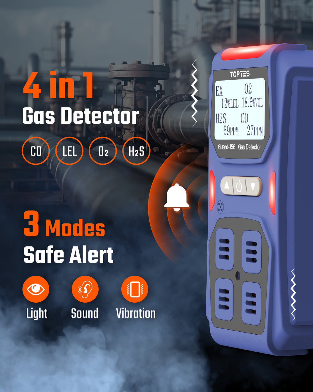 TopTes Guard-156 4 Gas Monitor Multi Gas Detector for H2S, CO, LEL, an