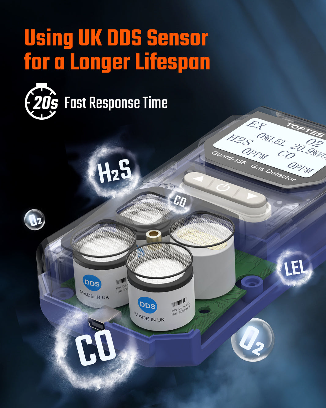 TopTes Guard-156 4 Gas Monitor Multi Gas Detector for H2S, CO, LEL, an